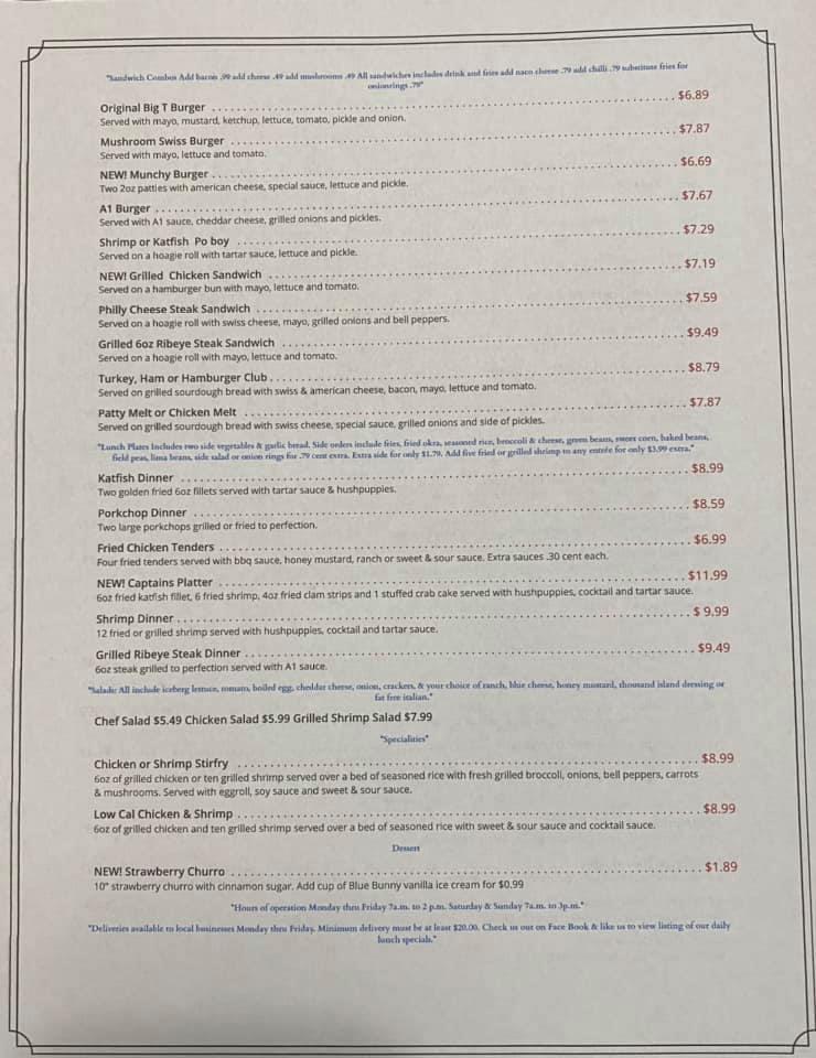 Menu at TC'S DINER restaurant, Pensacola