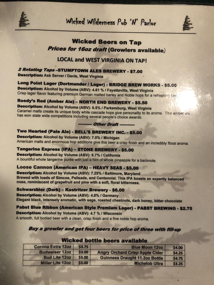 Menu at Wicked Wilderness Pub, Davis