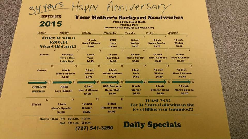 Menu at Your Mothers Back Yard restaurant, Pinellas Park, 66th St N