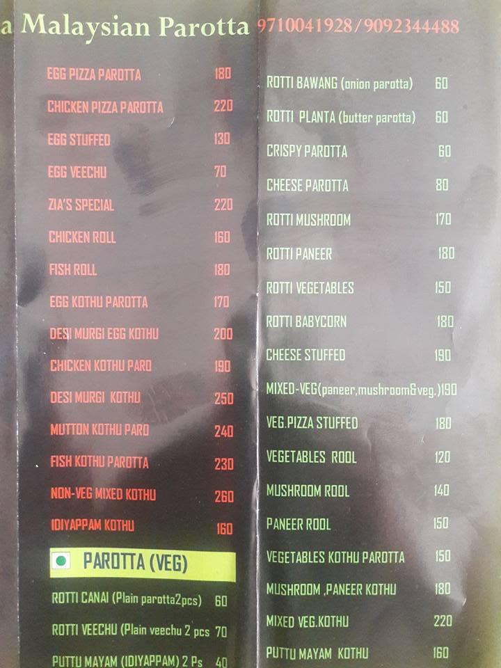 Menu at Zia Malaysian Parotta, Navallur