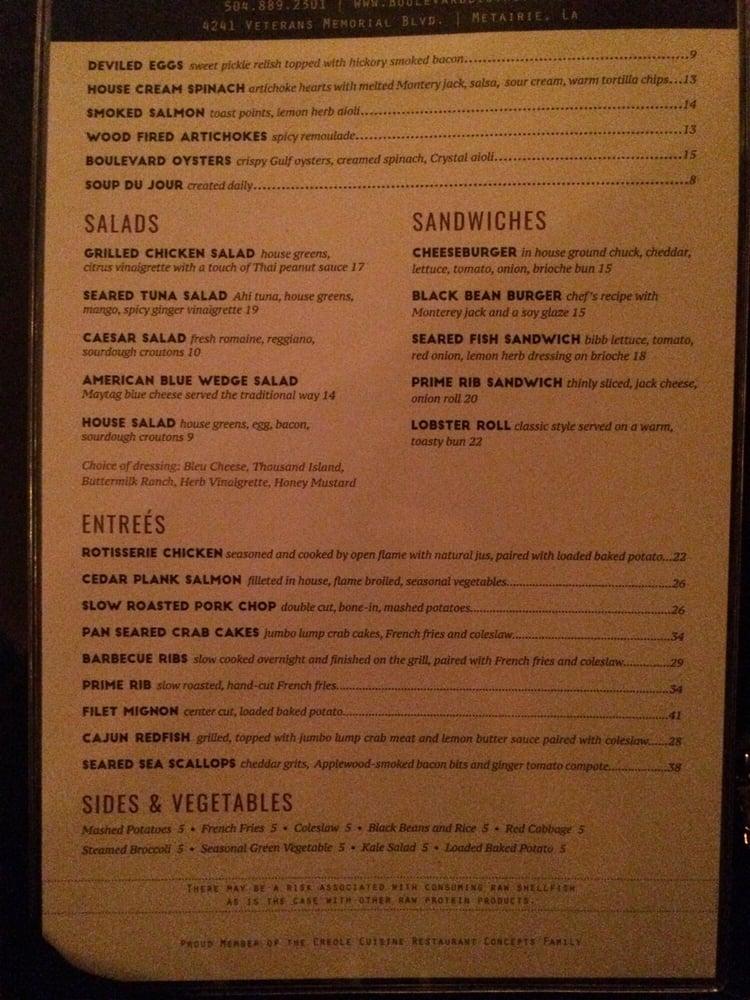 Menu at Boulevard American Bistro pub & bar, Metairie