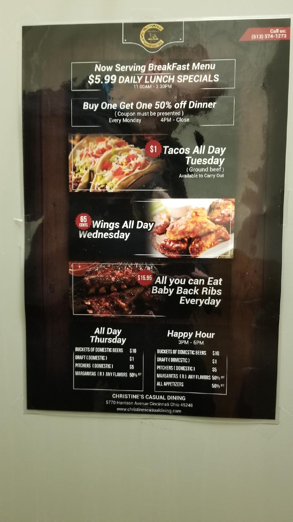 Menu at Christine's Casual Dining restaurant, Cincinnati