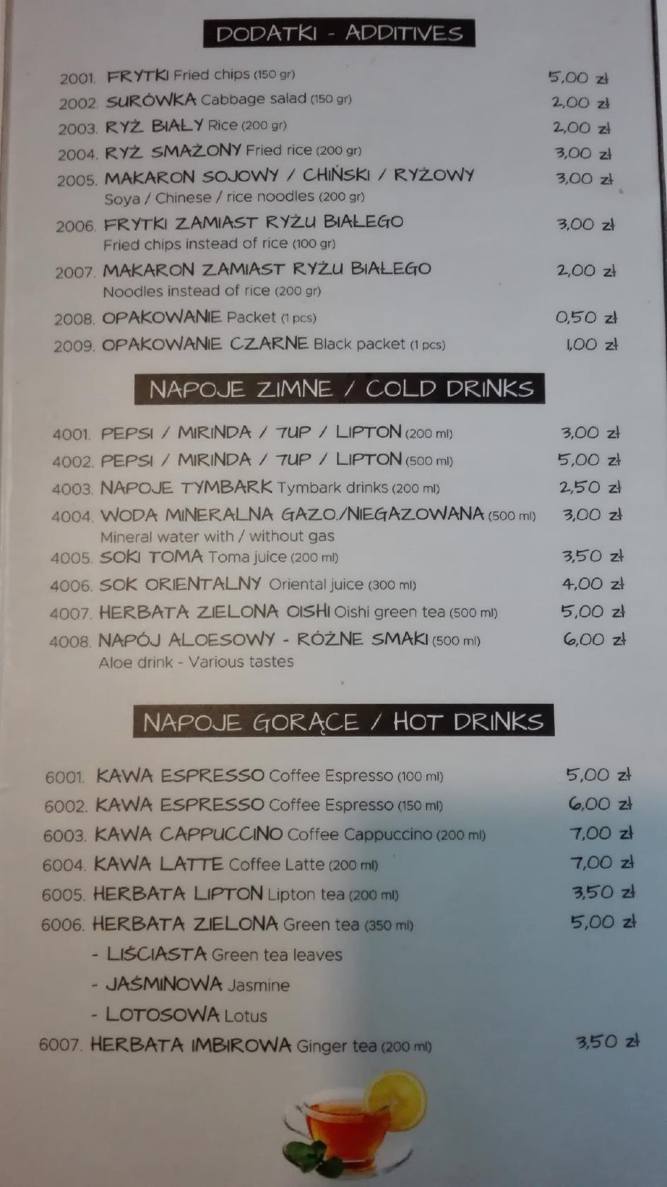Menu at Hong Ha restaurant, Warsaw, Siedmiogrodzka 1