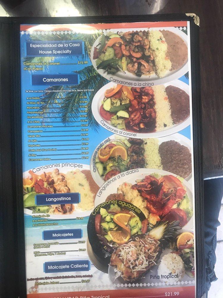 Menu at Mariscos El Camarón Borracho restaurant, Tulare