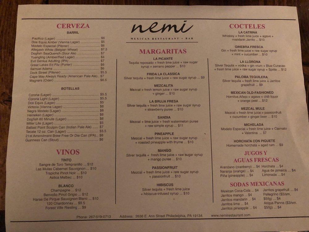 Menu at Nemi restaurant, Philadelphia