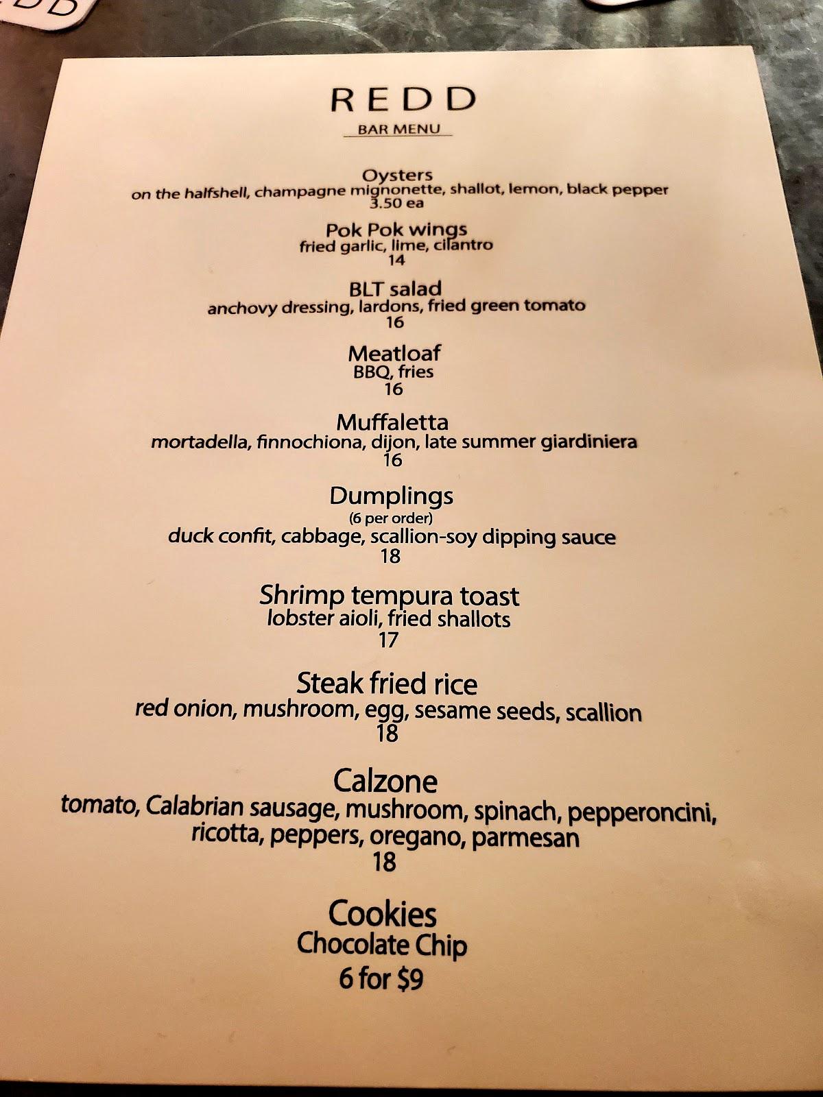 Menu at Redd restaurant, Rochester