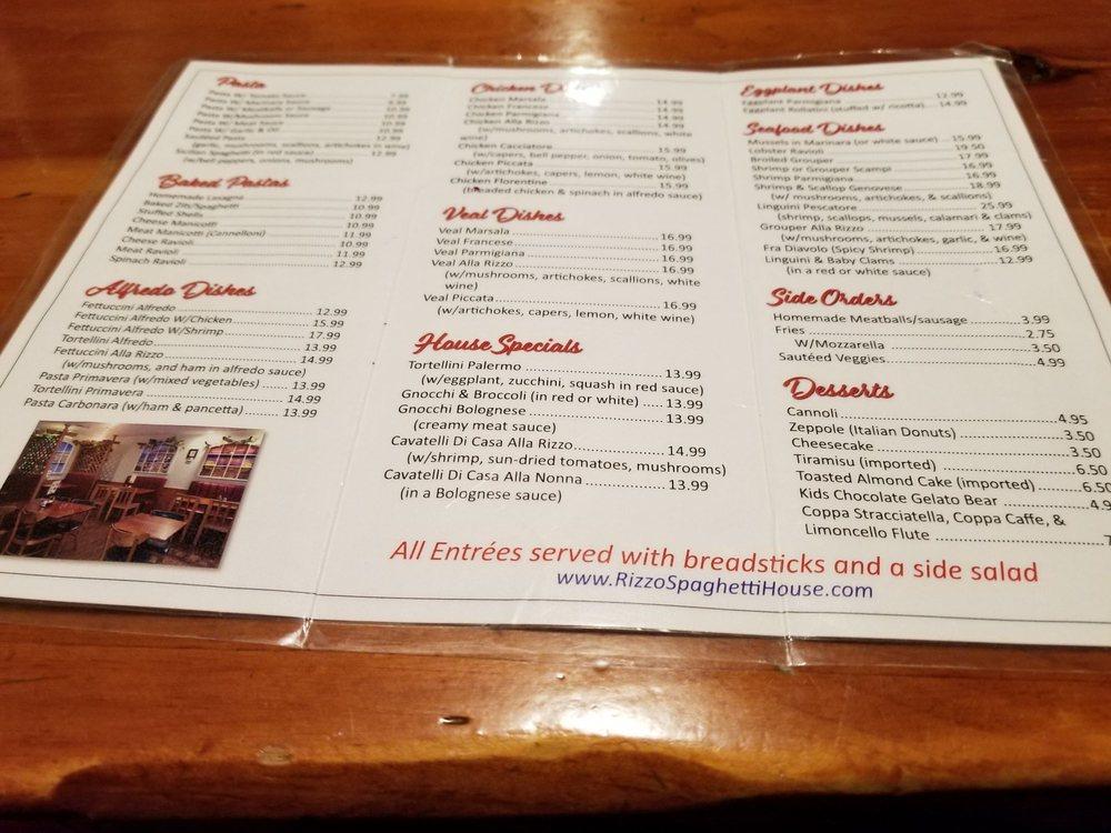 Menu at Rizzo's Spaghetti House pizzeria, Fort Mill, Charlotte Hwy
