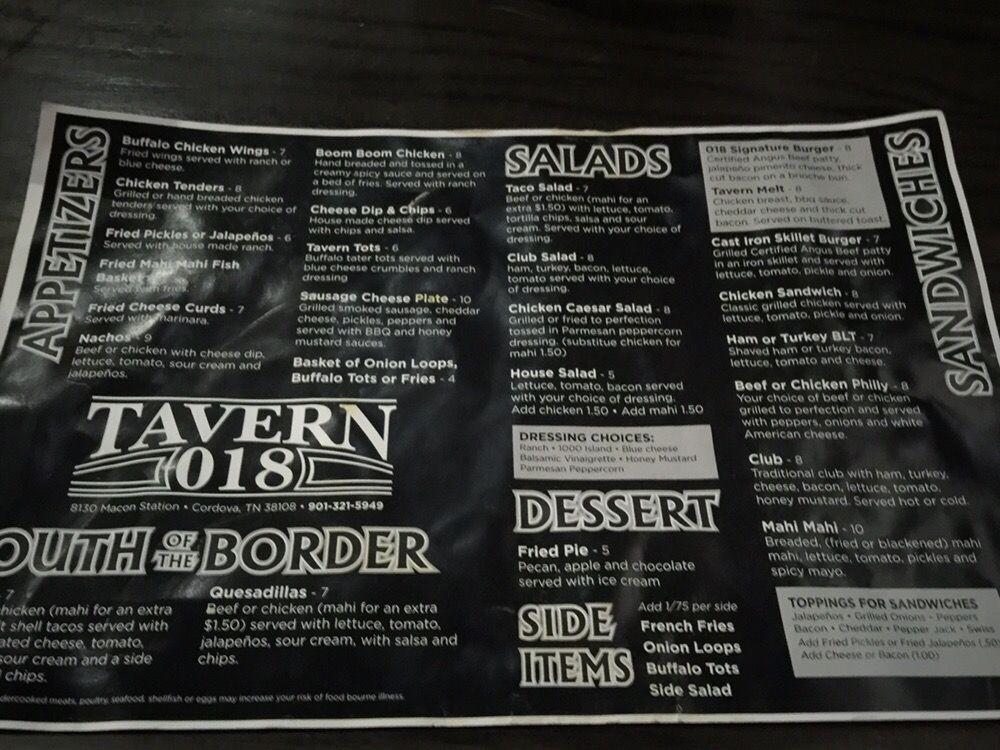 Menu at Tavern 018 pub & bar, Memphis