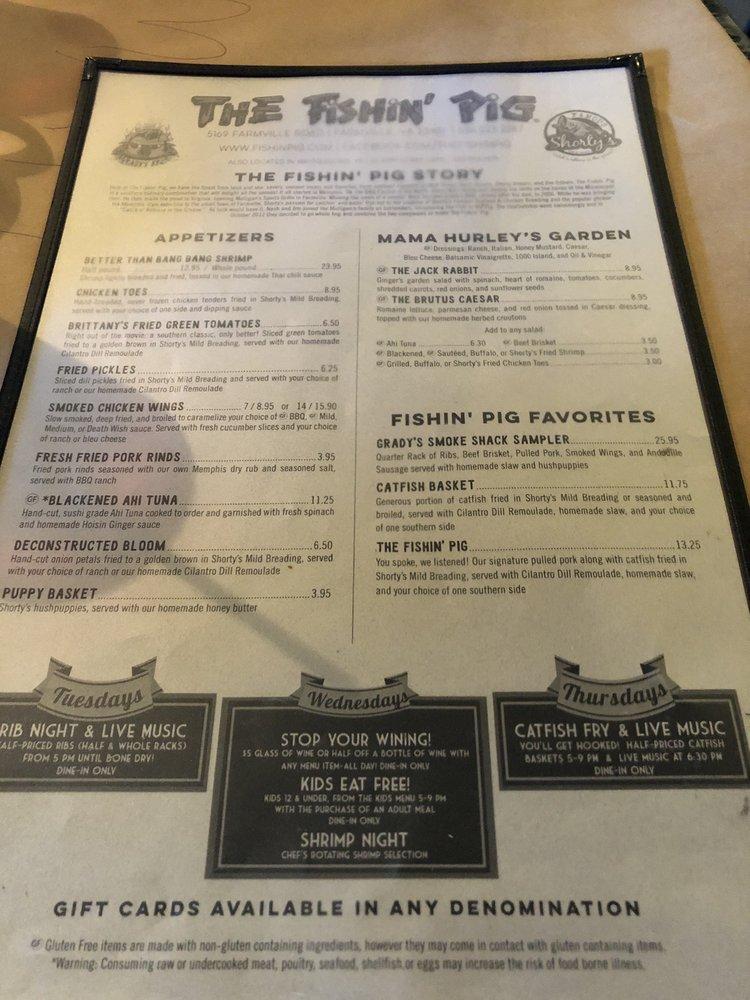 Menu at The Fishin' Pig BBQ, Farmville, Farmville Rd