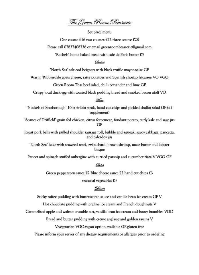 Menu at The Green Room of bar street, Scarborough