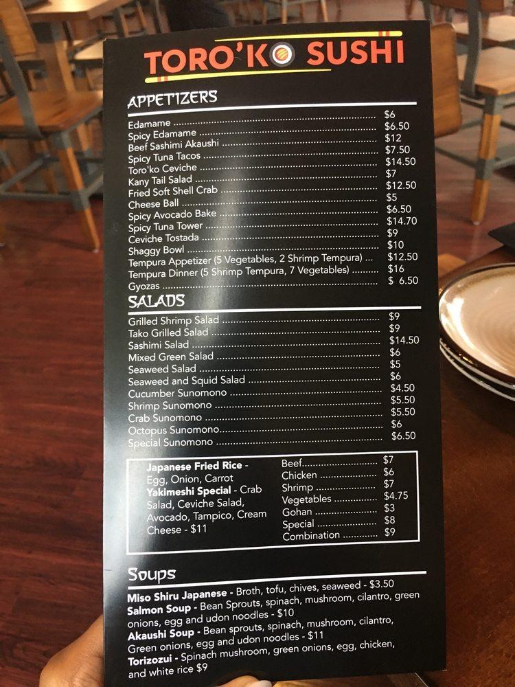 Menu at Toroko Sushi restaurant, San Antonio
