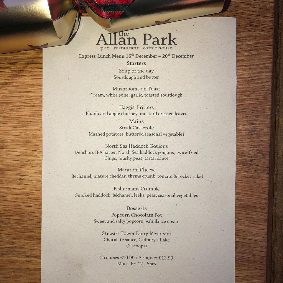 Menu at Allan Park restaurant, Stirling