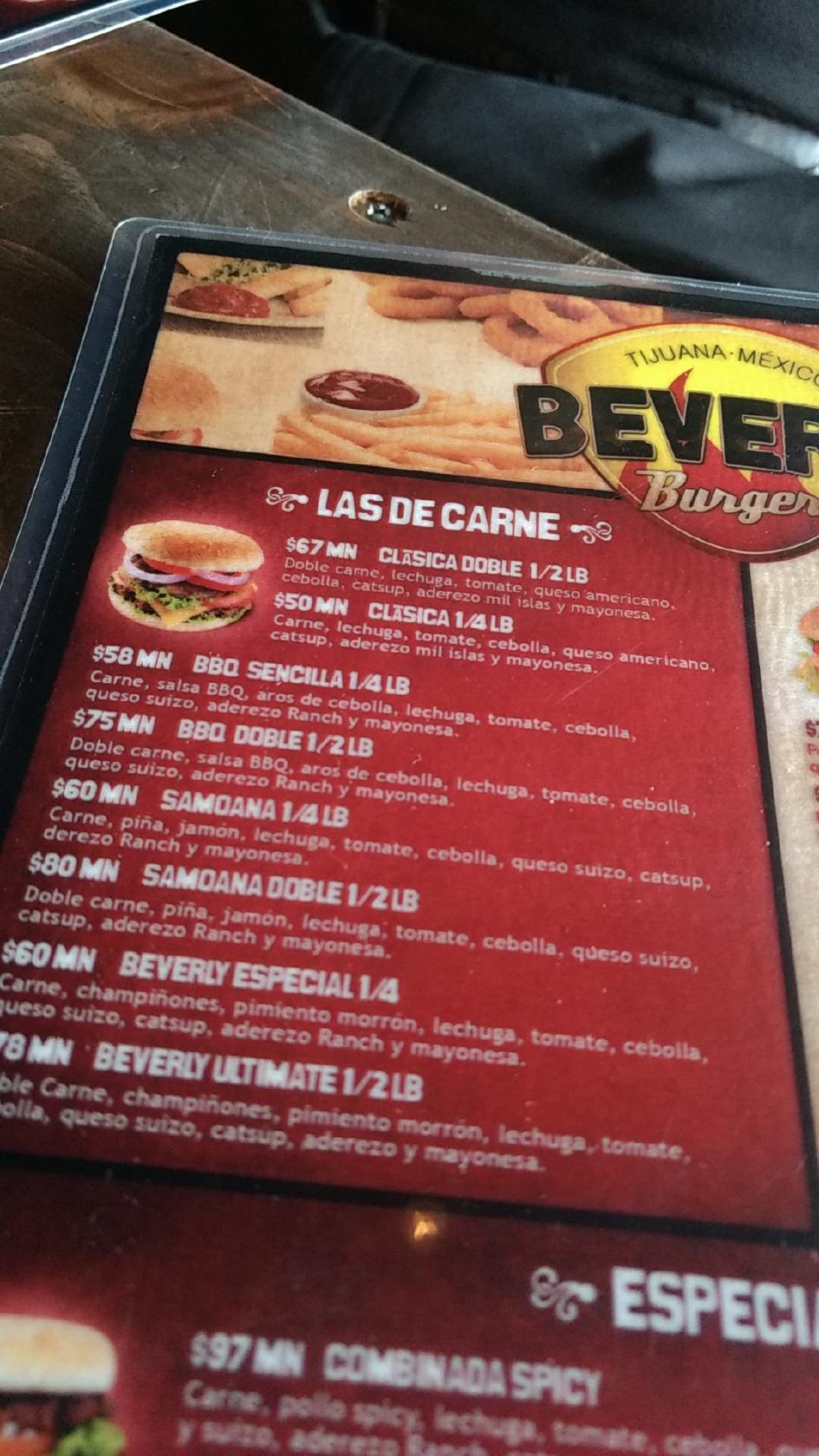 Menu at Beverly Burgers Santa Fe restaurant, Tijuana