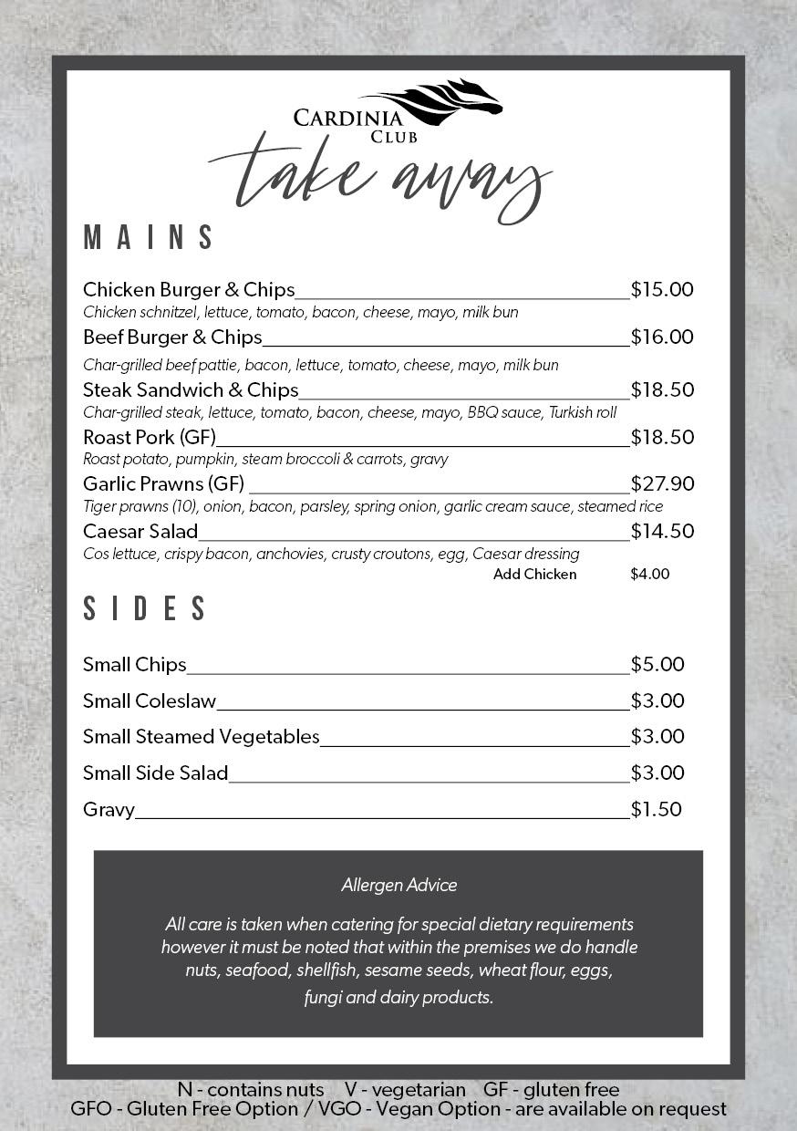 Menu at Cardinia Club, Pakenham, 71 Racecourse Rd