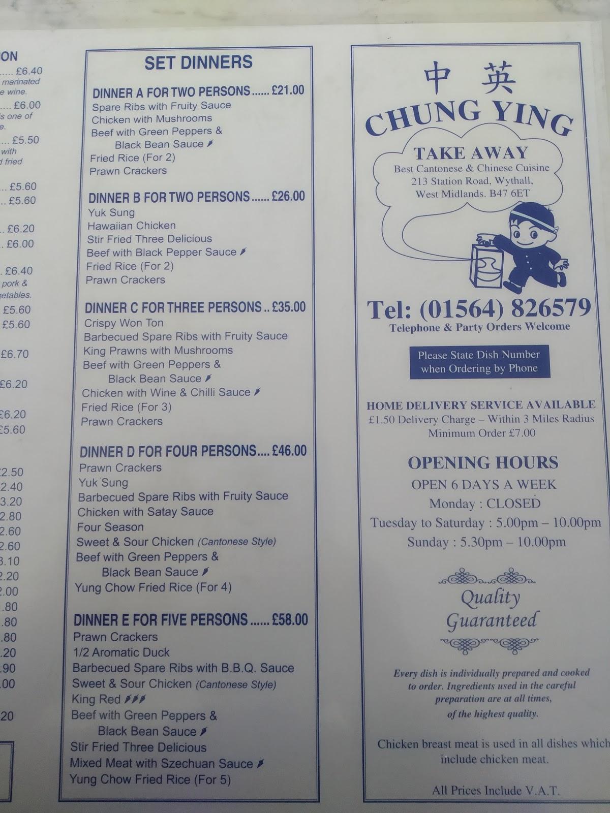 Menu at Chung Ying fast food, Birmingham, 213 Station Rd