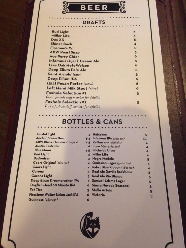 Menu at Foxhole Culinary Tavern desserts, Austin