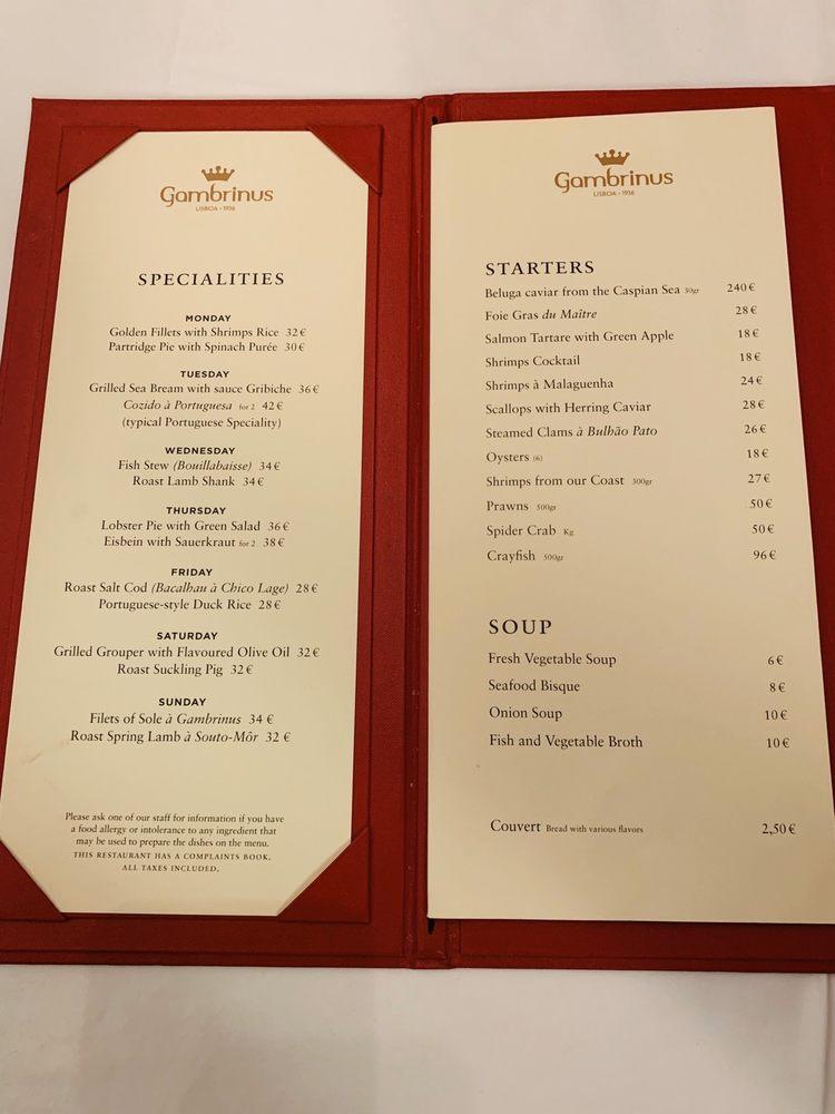 Menu at Gambrinus restaurant, Lisbon
