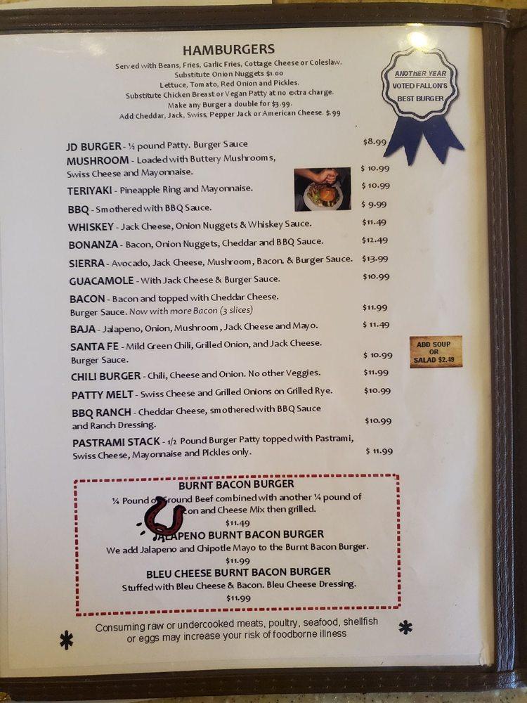 Menu at J D Slinger's Steakhouse, Fallon