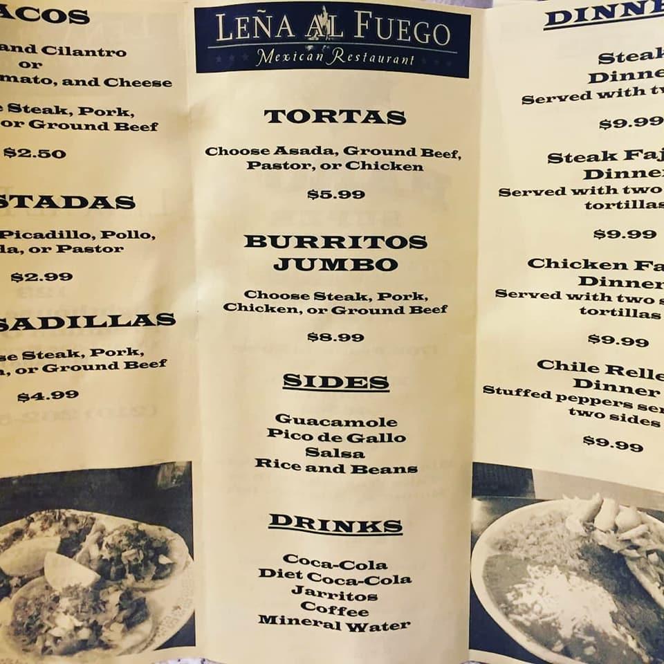 Menu at Leña al Fuego restaurant, Michigan City