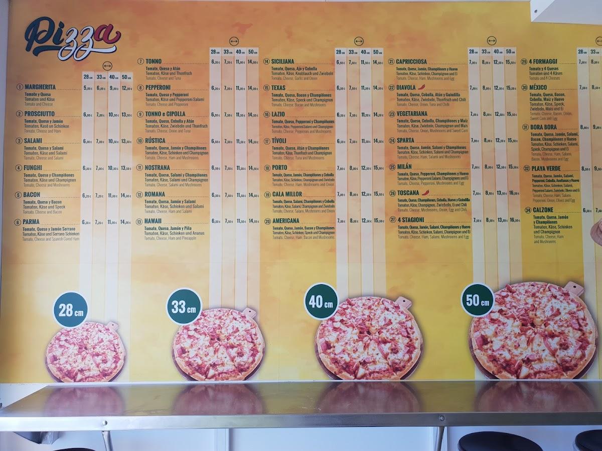 Menu at Playa Verde pizzeria, Cala Millor