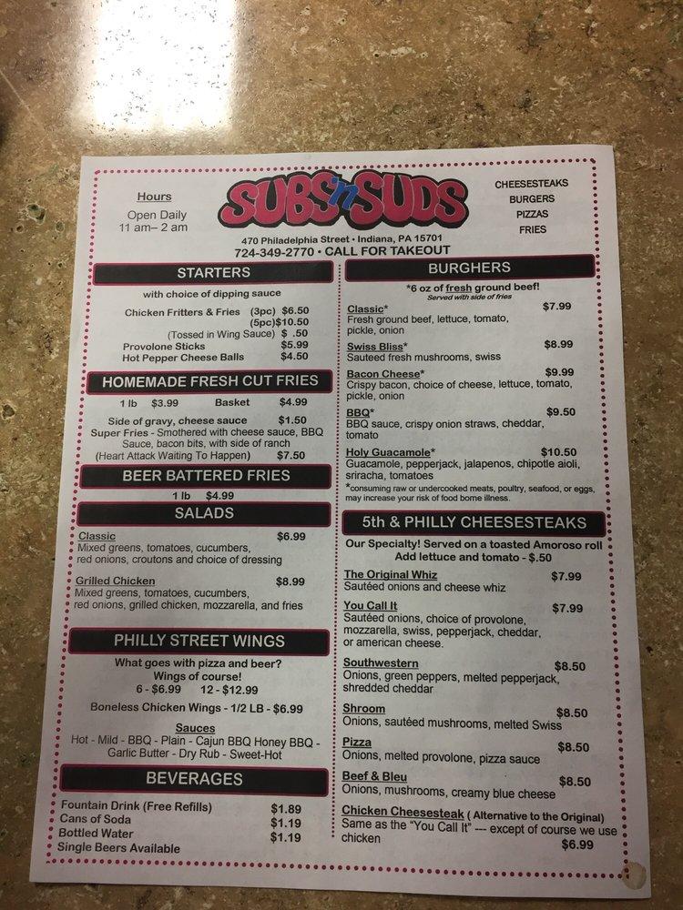 Menu at Subs N Suds pizzeria, Indiana