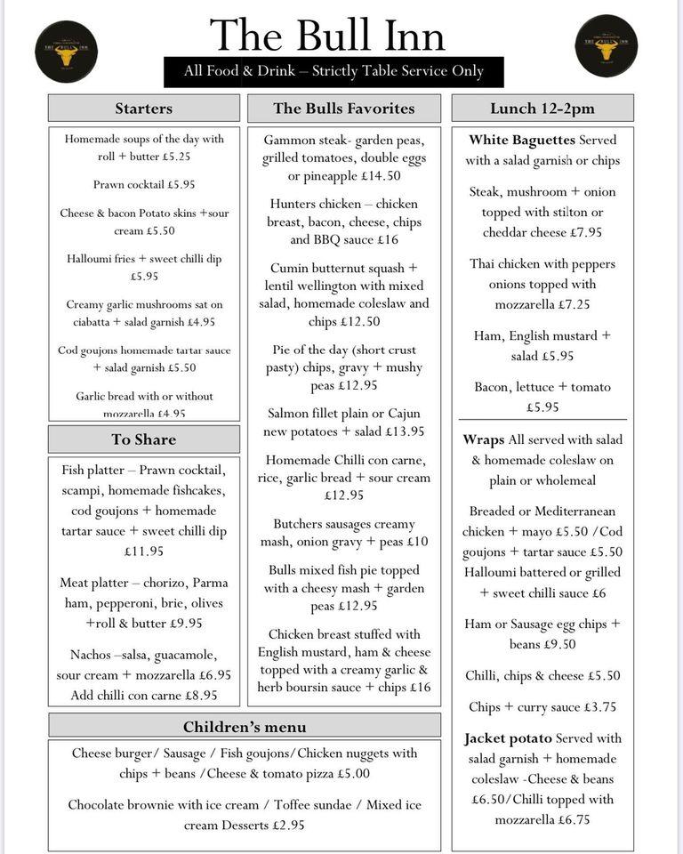 Menu at Bull Inn Fernhill Heath pub & bar, Worcester