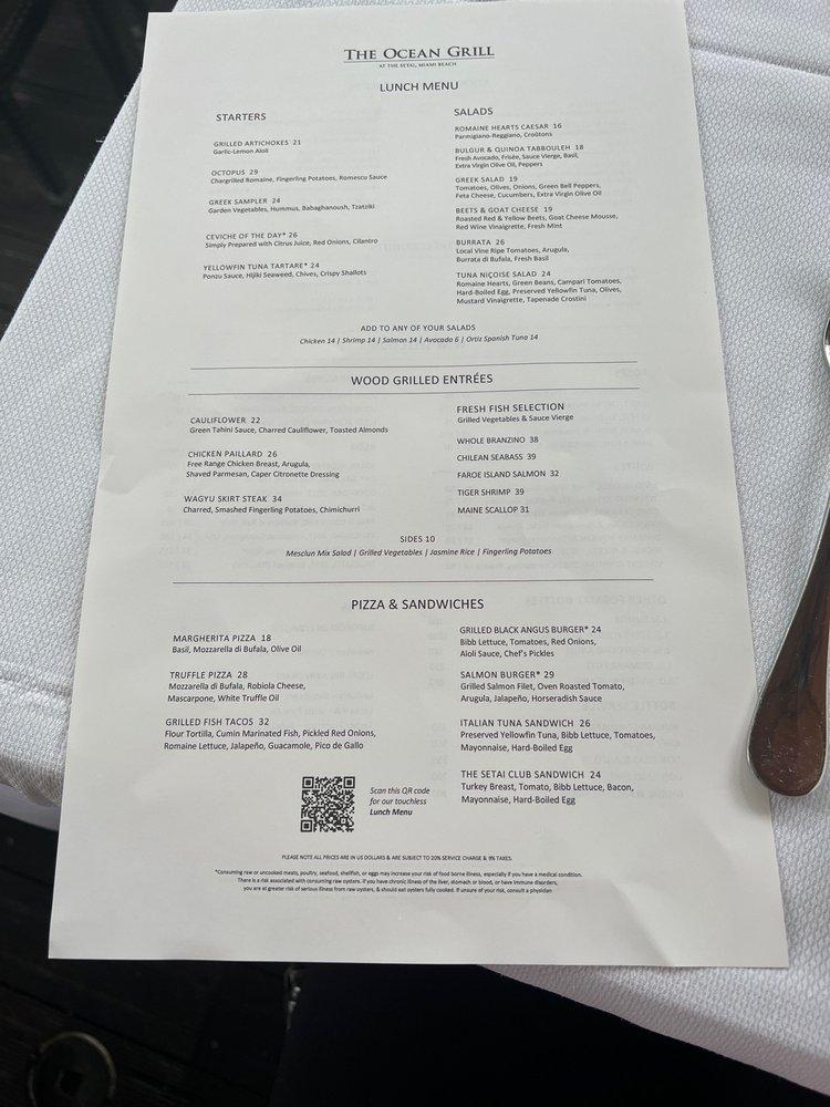 Menu at Ocean Grill restaurant, Miami Beach