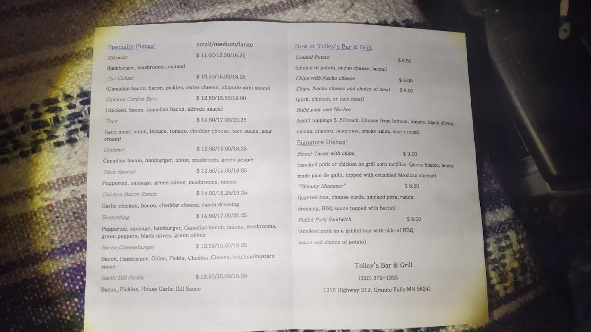 Menu at Tolley's Bar and Grill ft Jake's Pizza, Granite Falls