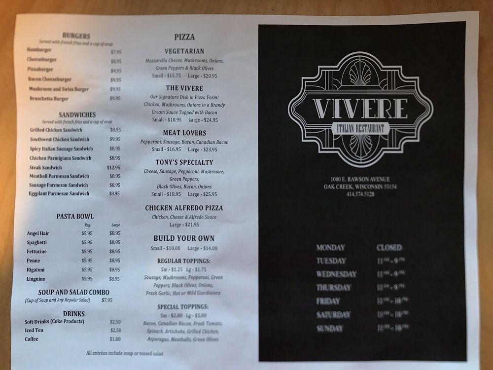 Menu at Vivere Italian Restaurant, Oak Creek