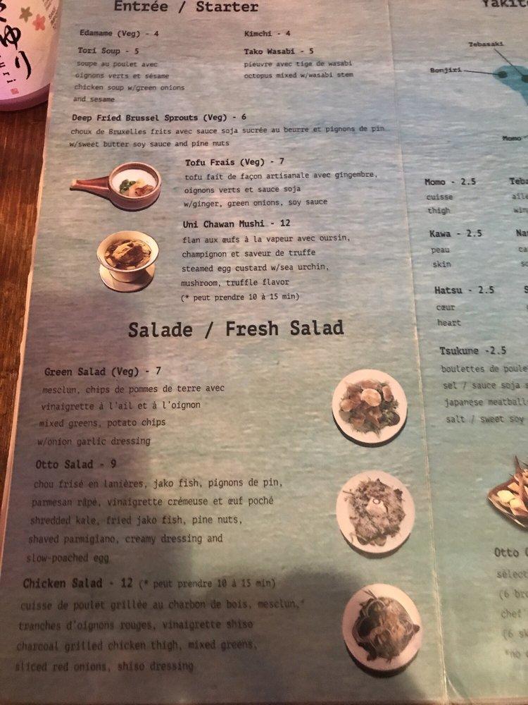 Menu at Otto Yakitori Izakaya restaurant, Montréal