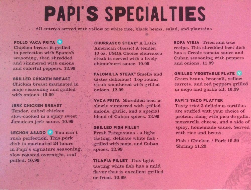 Menu at Papi's Cuban & Caribbean Grill restaurant, Stockbridge