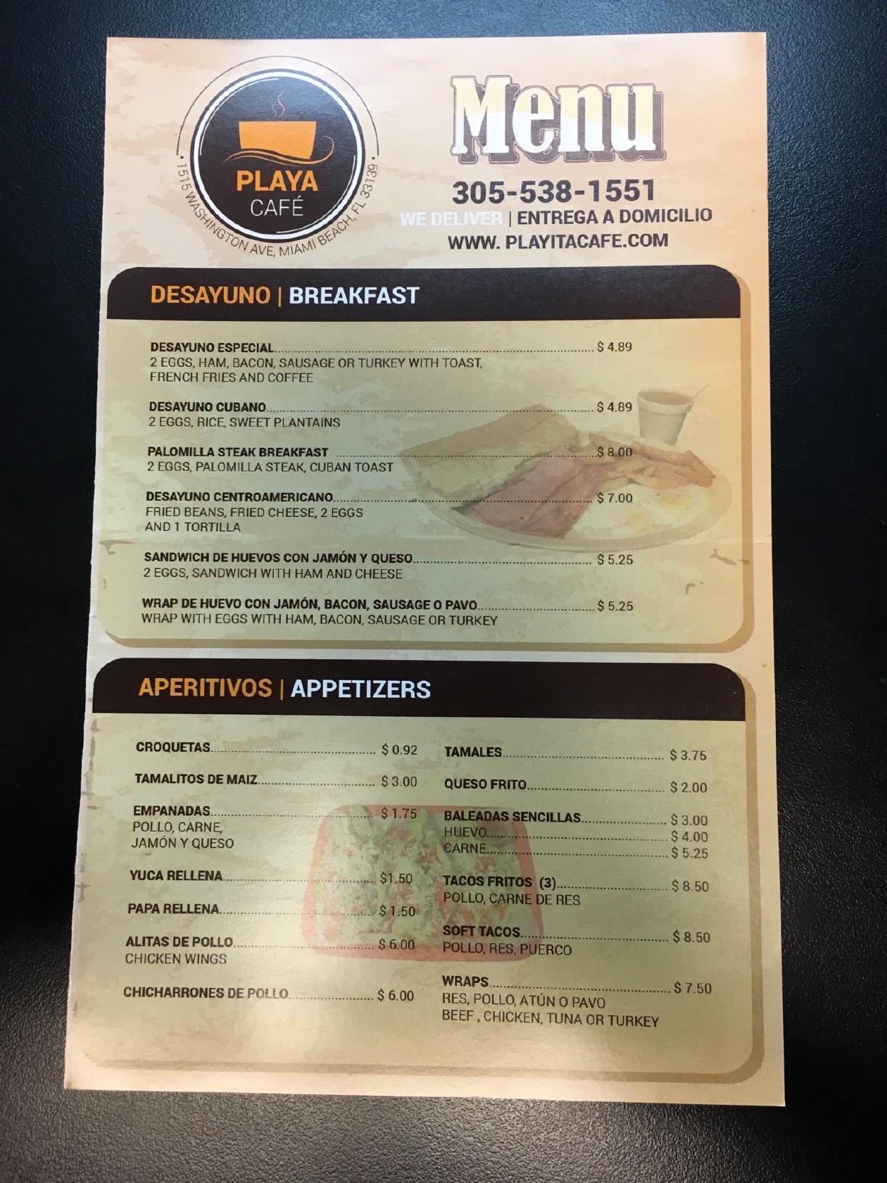 Menu at Playa Cafe, Miami Beach