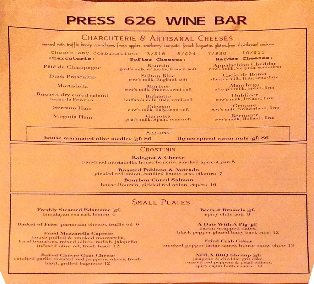 Menu at Press 626 Wine Bar, Norfolk