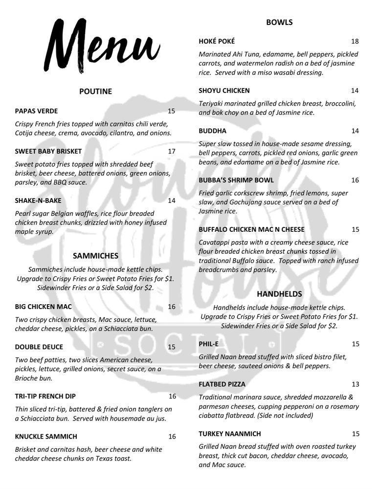 Menu at Slough House Social restaurant, Colusa