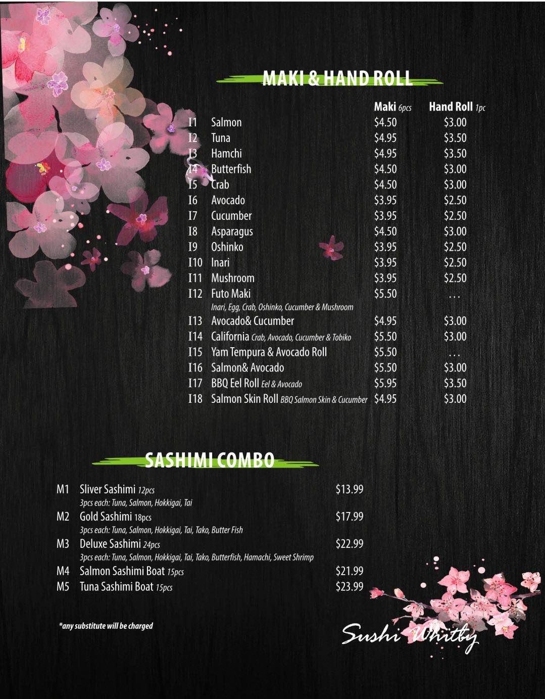 Menu at Sushi Whitby restaurant, Whitby