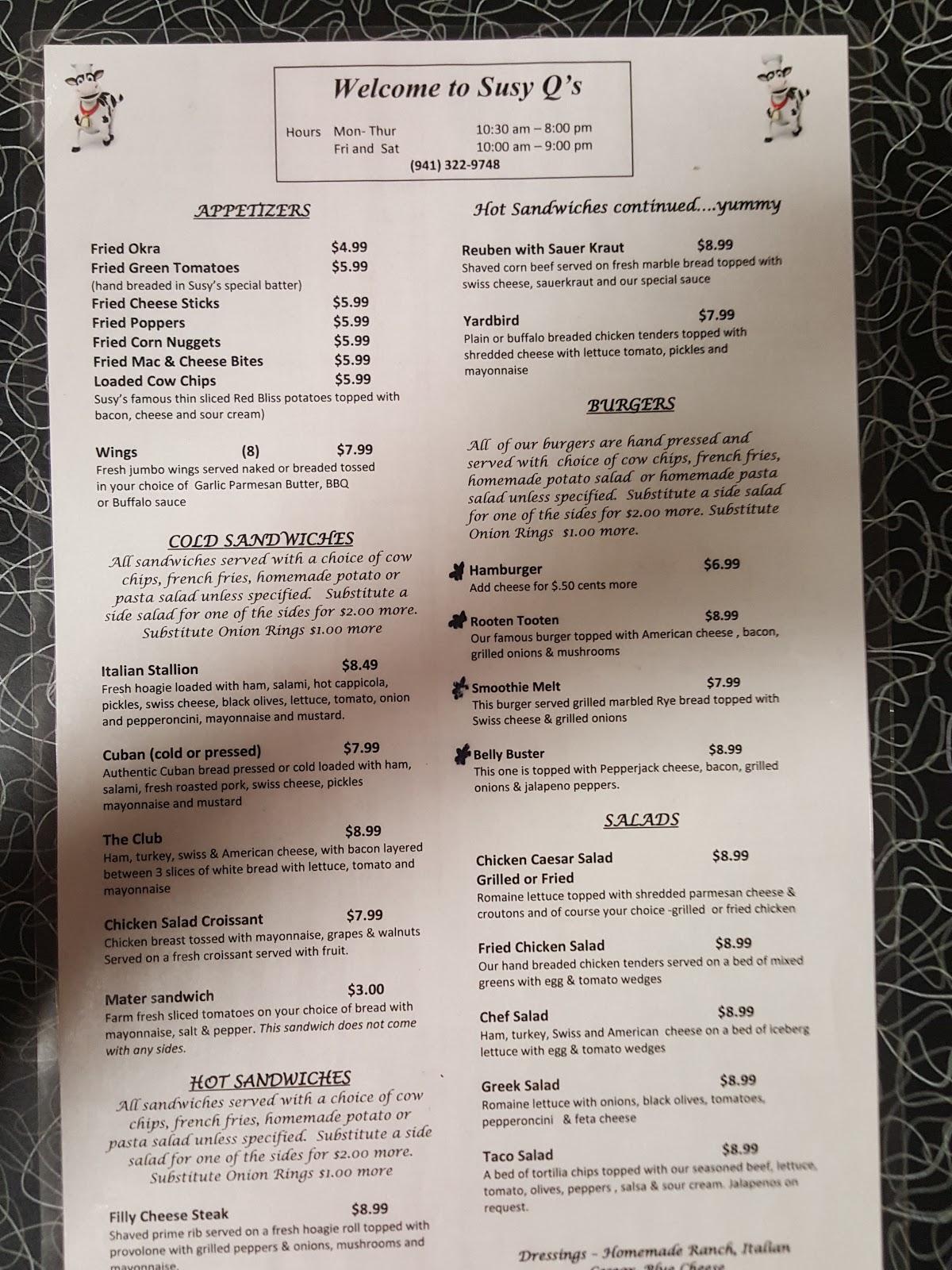 Menu at Susy Q's II restaurant, Myakka City
