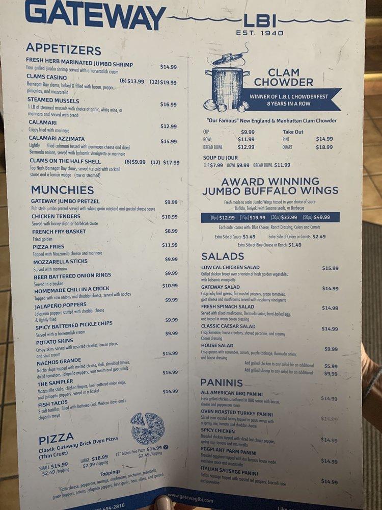 Menu at The Gateway Bar, Restaurant and Liquor Store, Ship Bottom
