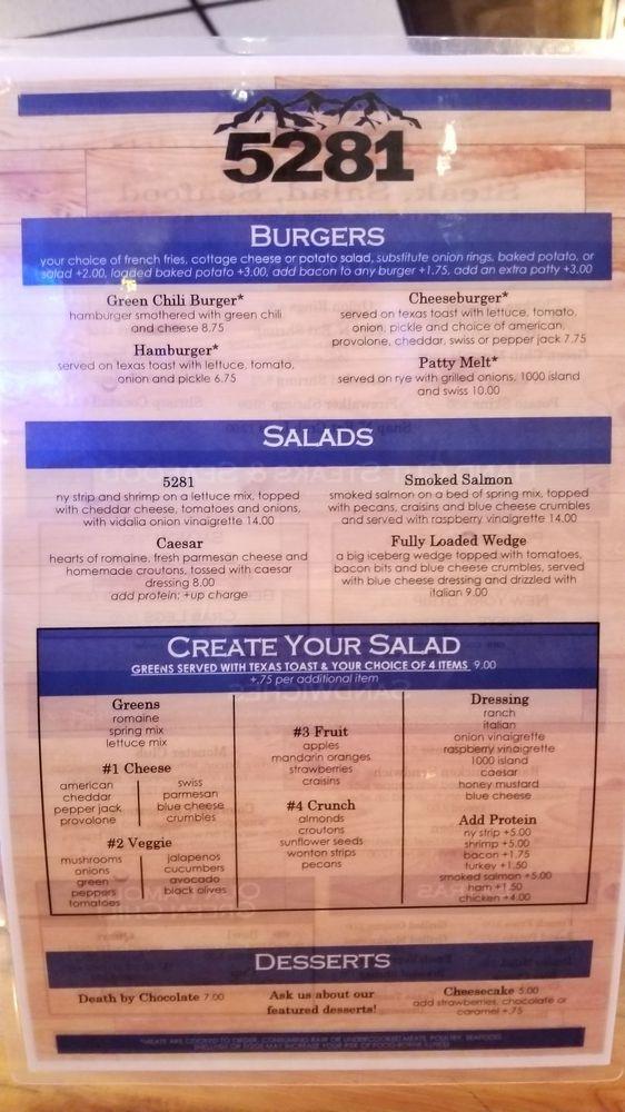 Menu at 5281 STEAK SALAD SEAFOOD steakhouse, Morrison