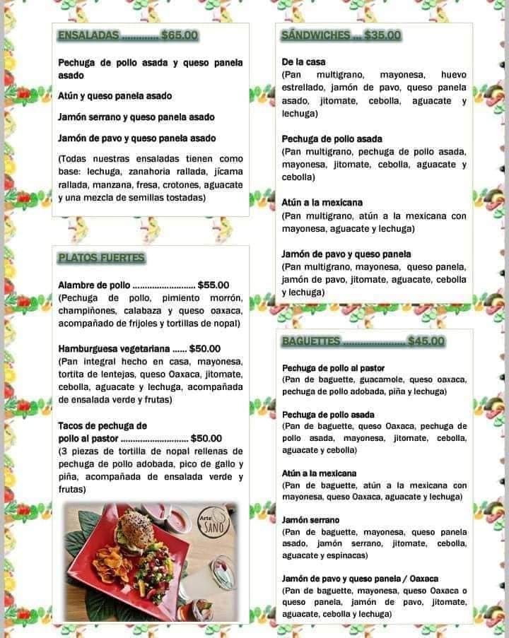 Menu at ArteSano restaurant, Zitácuaro, Hidalgo