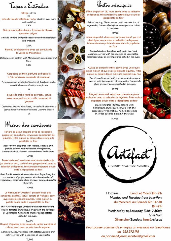 Menu at Artefact pub & bar, Tavira
