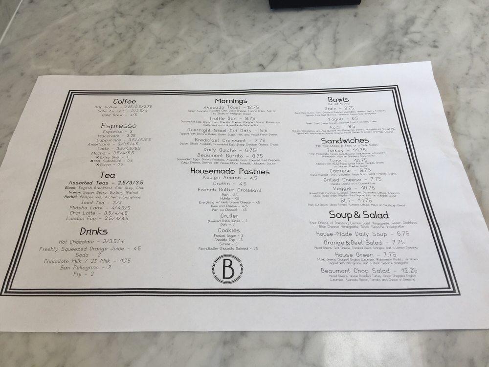 Menu at Beaumont Bakery & Cafe, Salt Lake City