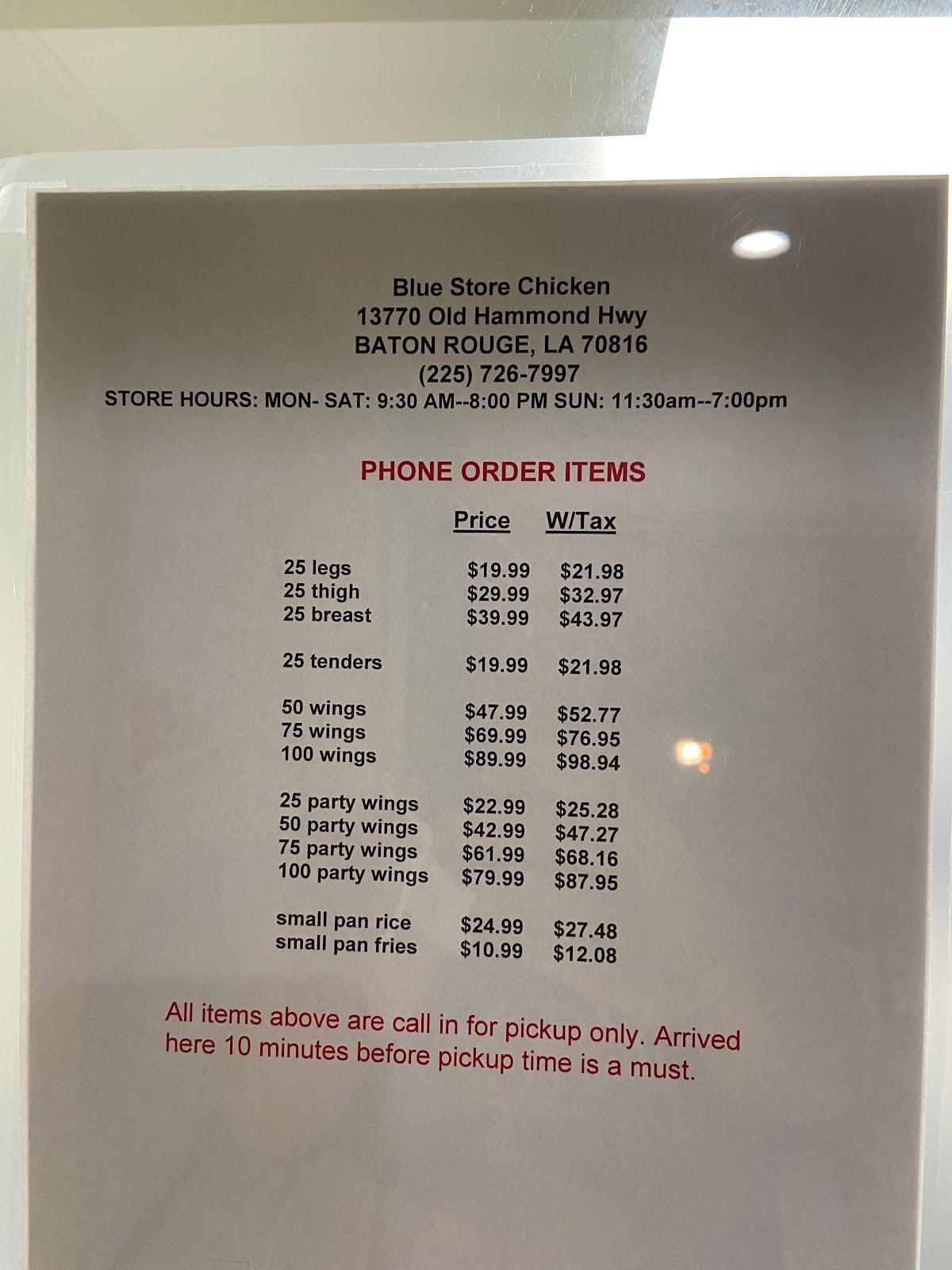 Menu at Blue Store Chicken restaurant, Baton Rouge, Old Hammond Hwy STE B