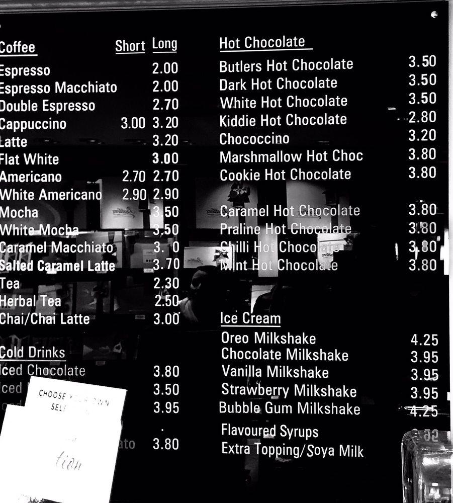 Menu at Butlers Chocolate Café desserts, Galway