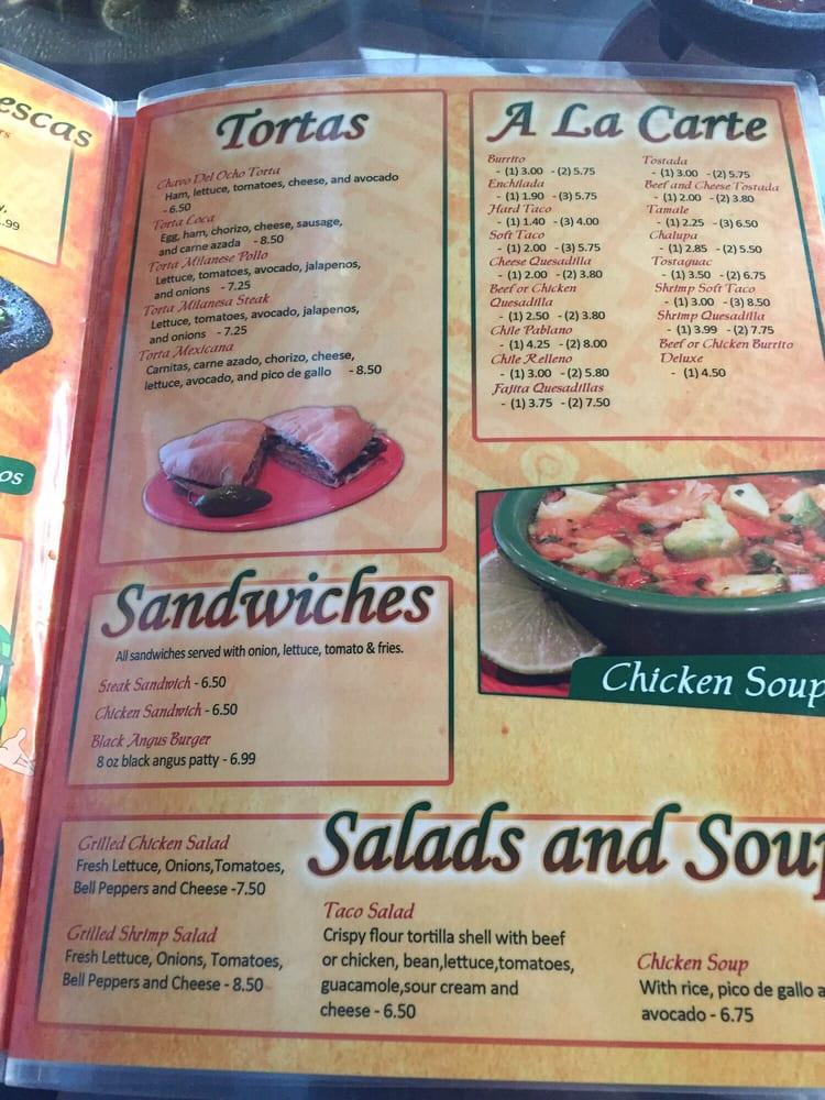 Menu at Chapala Mexican restaurant, Columbia