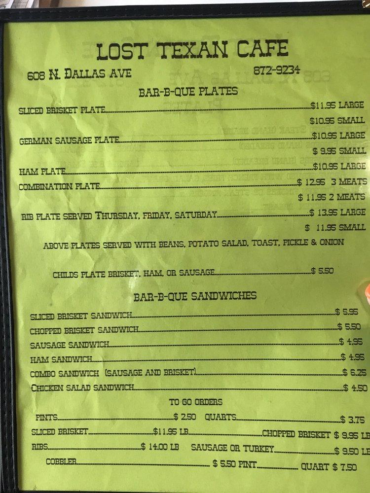 Menu at Lost Texan Cafe, Lamesa