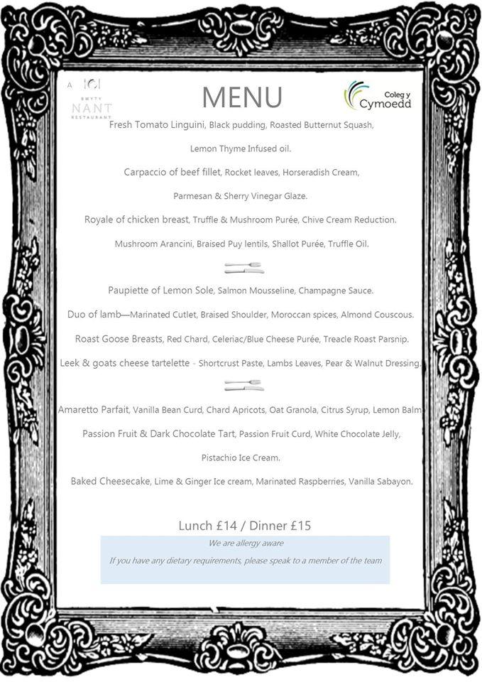 Menu at Nant Restaurant, Cardiff, Heol Y Coleg