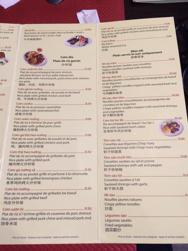 Menu at Pho Bida Viet Nam restaurant, Paris