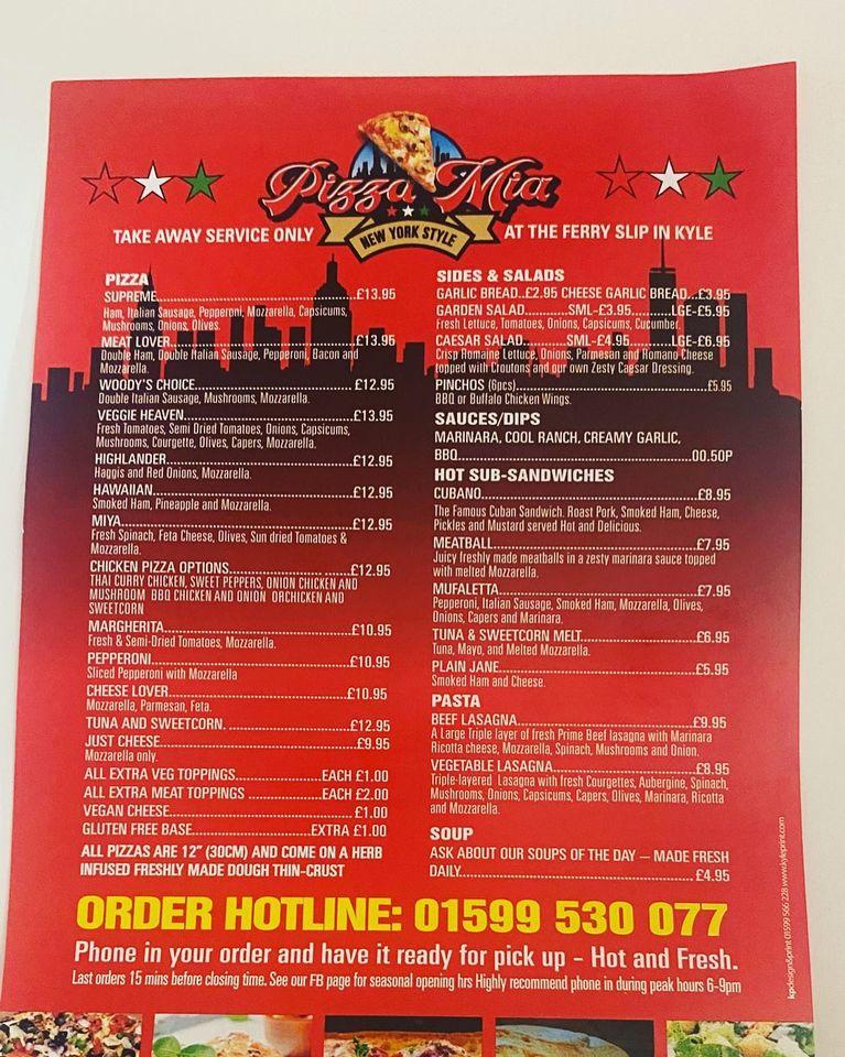 Menu at Pizza-Mia pizzeria, Kyle of Lochalsh