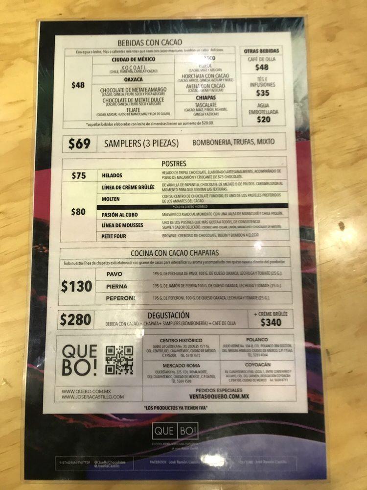 Menu at Qué Bo! cafe, Mexico City, Isabel La Católica 30