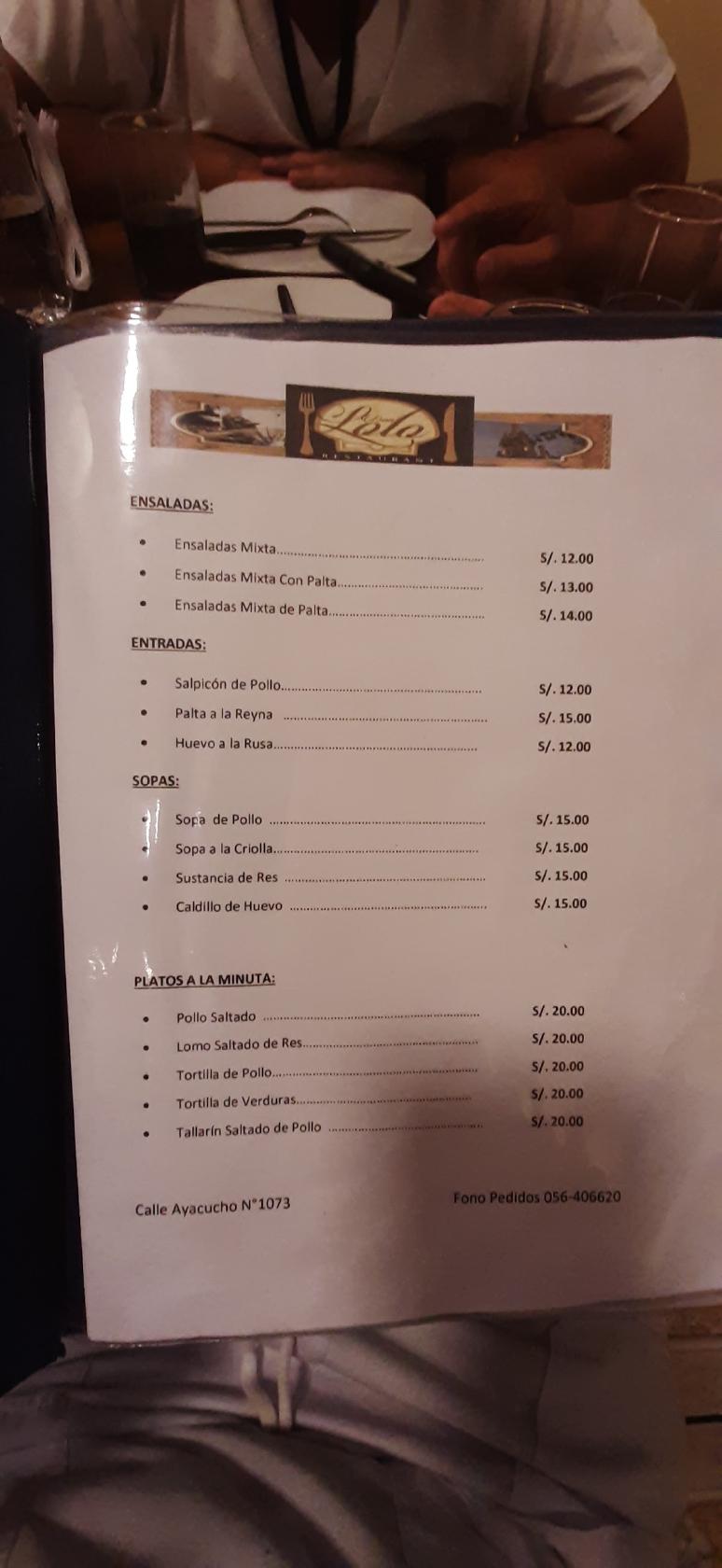 Menu at Don Lolo Restaurant, Ica